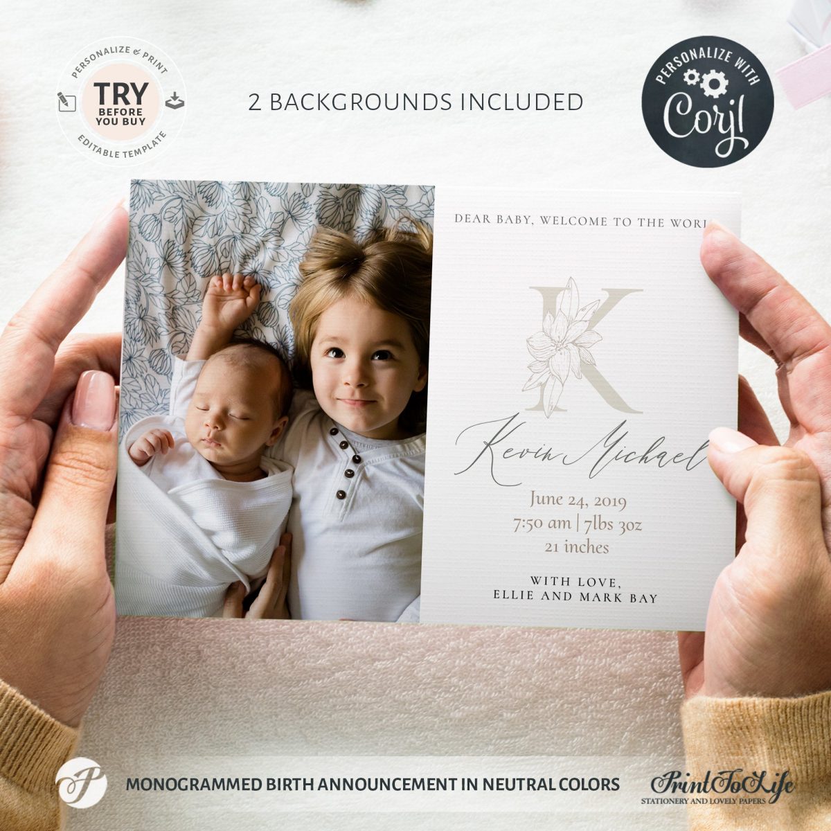 Birth Announcement Template | Monogrammed birth announcement - Printolife