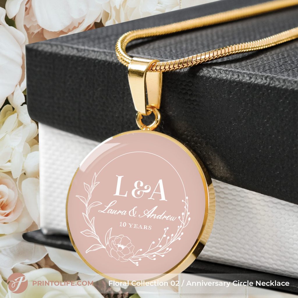 Anniversary Necklace for Wife, Personalized Circle Pendant, Floral ...